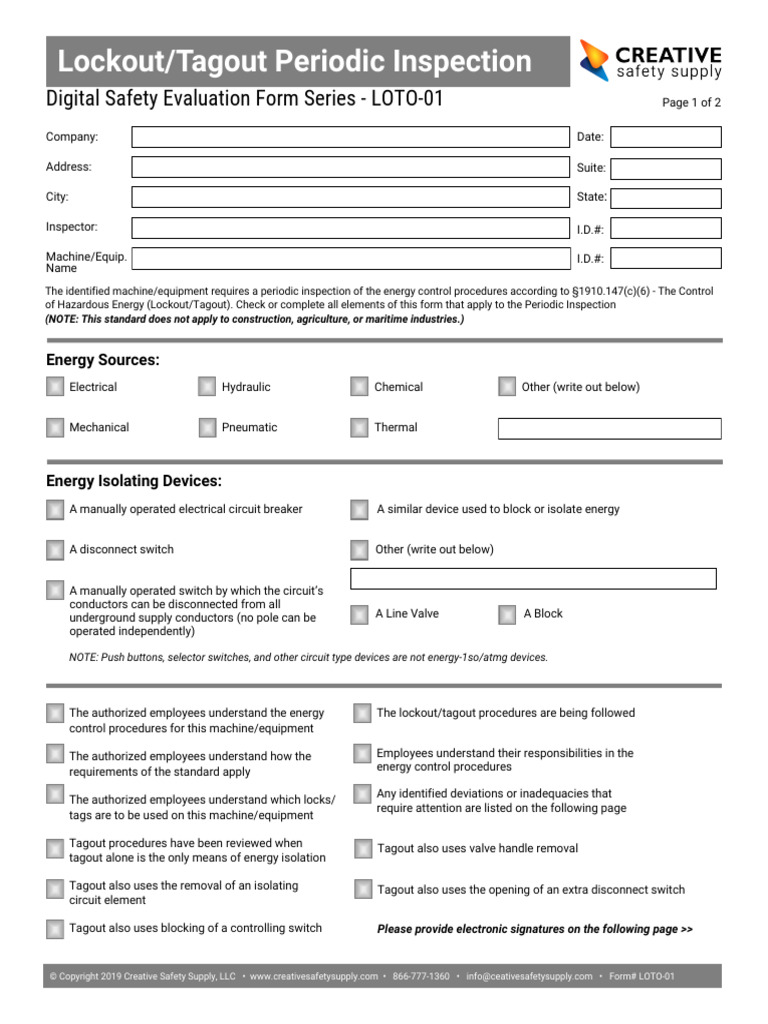 Lockout Tagout Inspection Checklist | PDF | Electrical Engineering ...