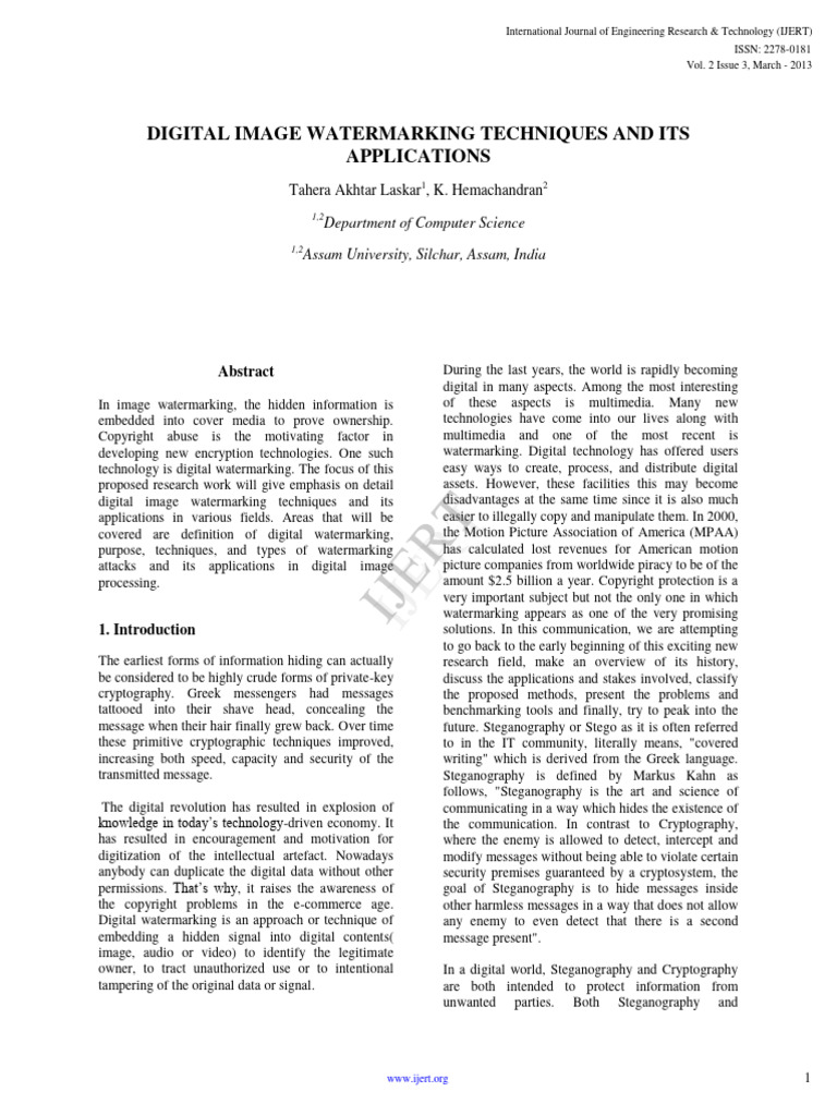 Digital Image Watermarking Techniques and Its Applications IJERTV2IS3541 | PDF | Data ...