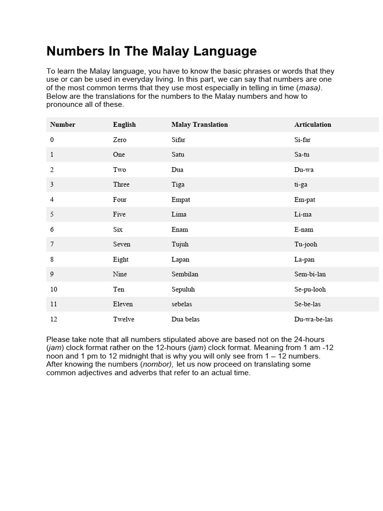 Notes - Numbers in The Malay Language | PDF | Hour | English Language