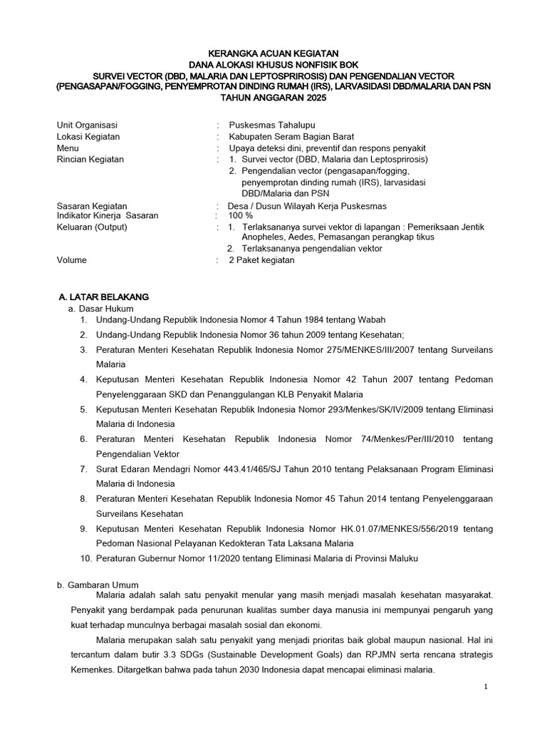Kak Survei Vector (DBD, Malaria Dan Leptosprirosis) Dan Pengendalian ...