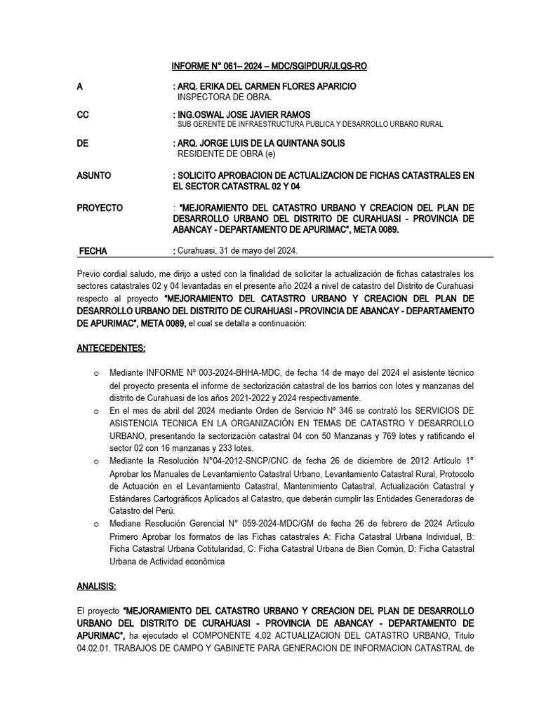 Informe 61 Aprobacion de Levantamiento de Fichas Catastrales | PDF | Geomática | Datos ...
