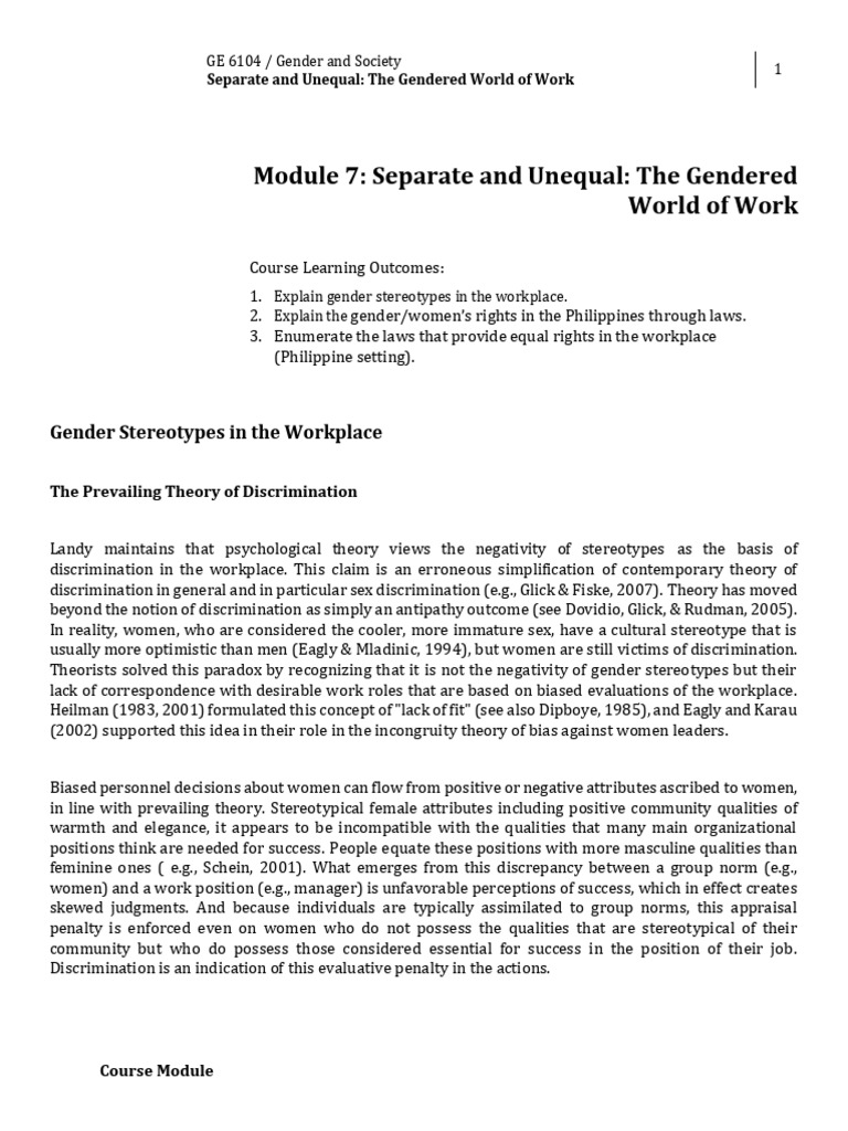 W7 - Module 007 - Separate and Unequal - The Gendered World of Work | PDF | Stereotypes | Gender ...