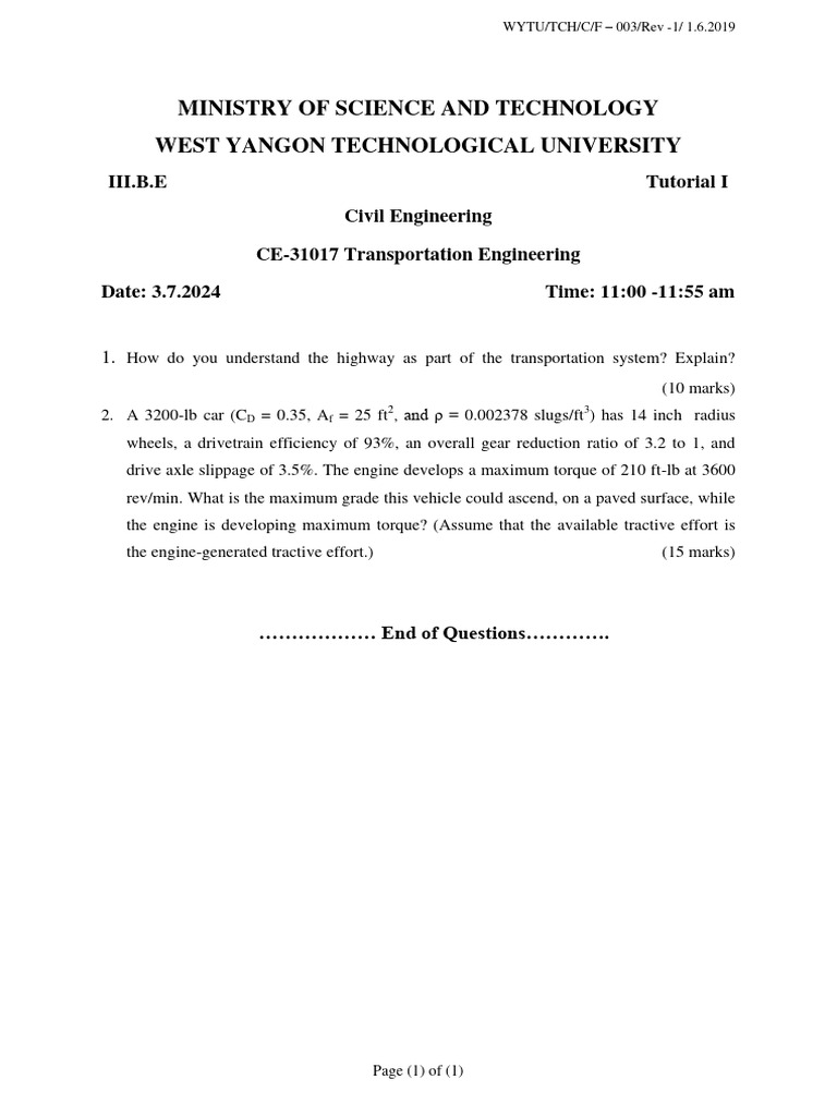 Tutorial I (CE-31017) (3.7.2024) | PDF