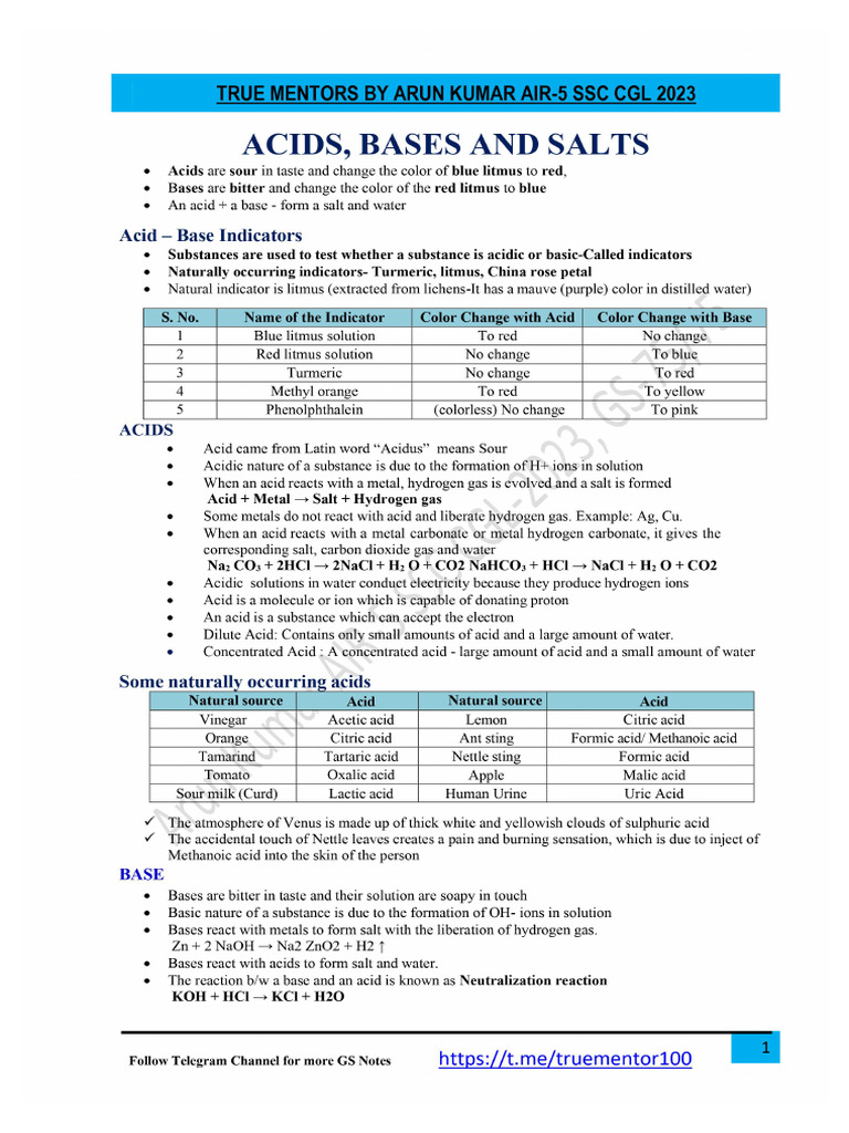 Acid, Base and Salt Notes by Arun Kumar AIR-5 | PDF