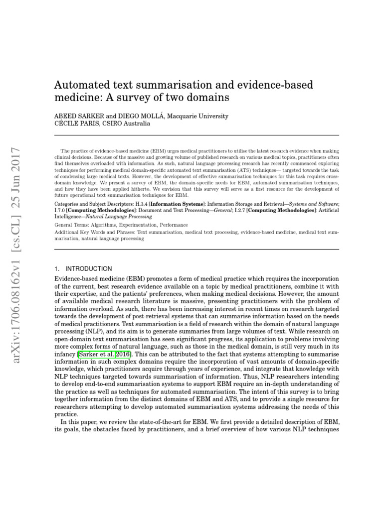 Automated Text Summarisation And Evidence Based Medicine A Survey Of Two Domains Pdf