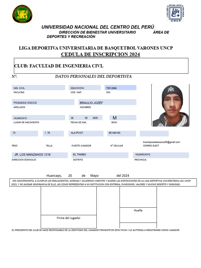2024 Ldu Basquetbol Mas Cedula Inscripcion Ldu Uncp 24 Form 002 | PDF ...