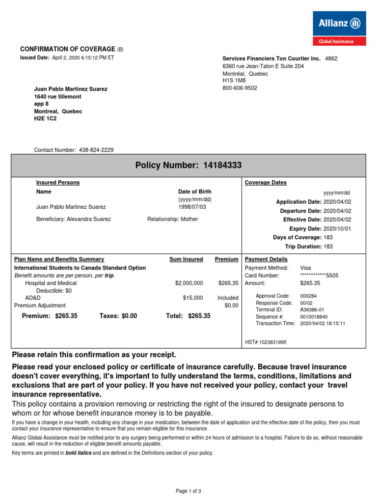 Policy #14184333 - Confirmation of Coverage PDF | PDF | Insurance