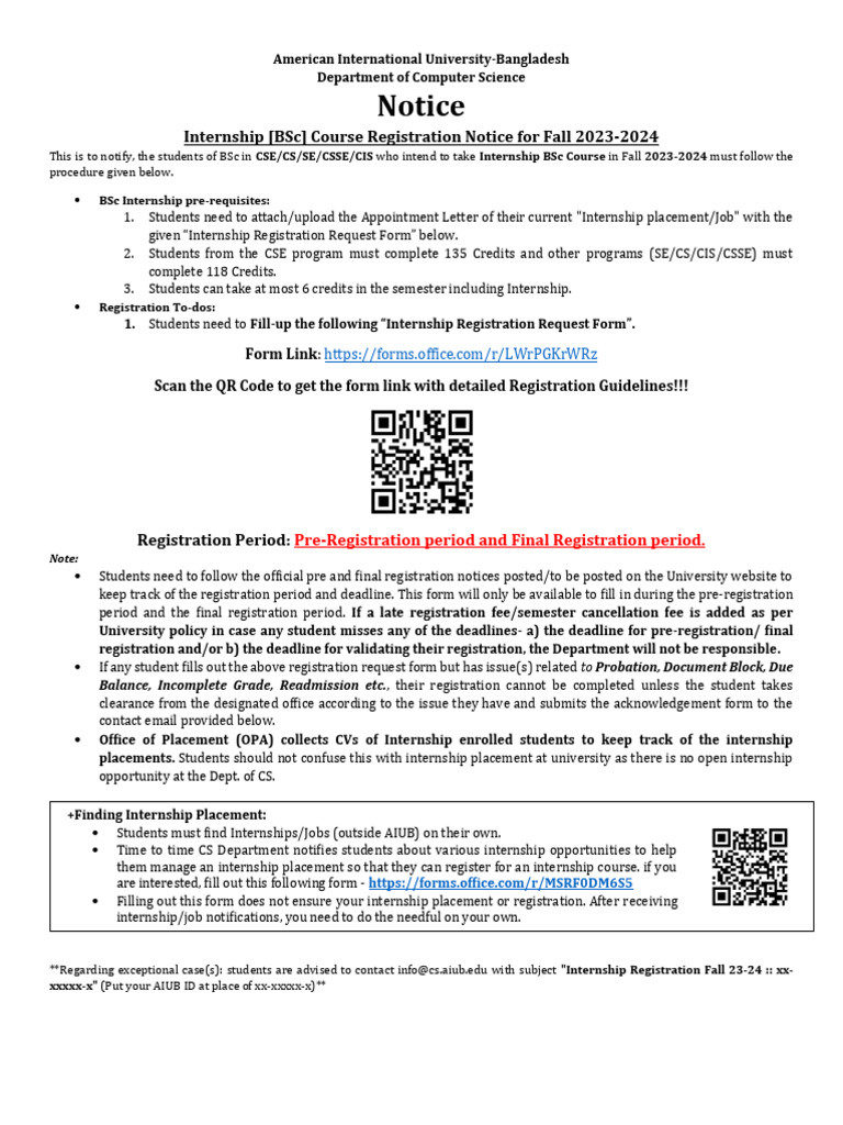 BSC Internship Course Registration Notice Fall 2023 2024 | PDF ...