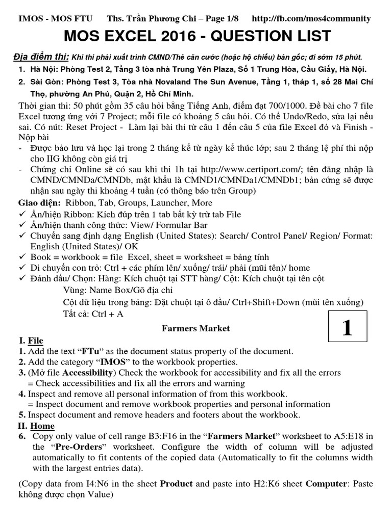 2022 Tổng hợp câu hỏi MOS Excel 2016 | PDF | Worksheet | Chart
