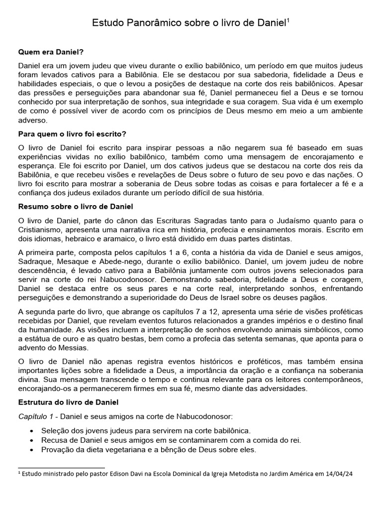 Estudo Sobre O Livro De Daniel Pdf Daniel Personagem Bíblica