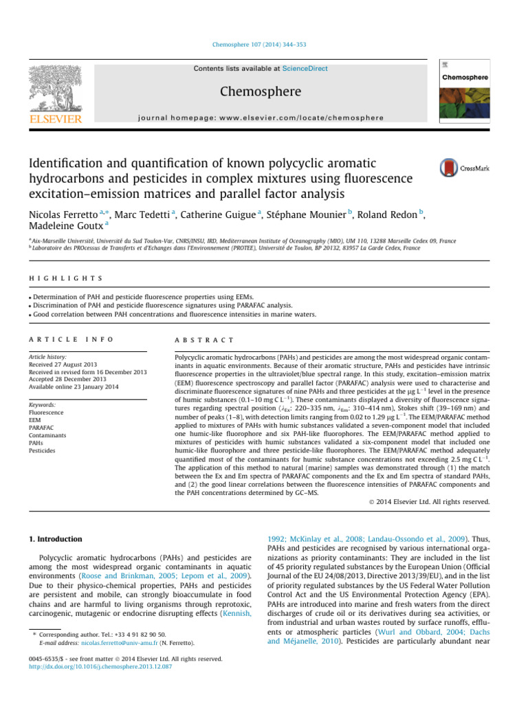 2014 Identification and quantification of known polycyclic aromatic hydrocarbons and pesticides ...