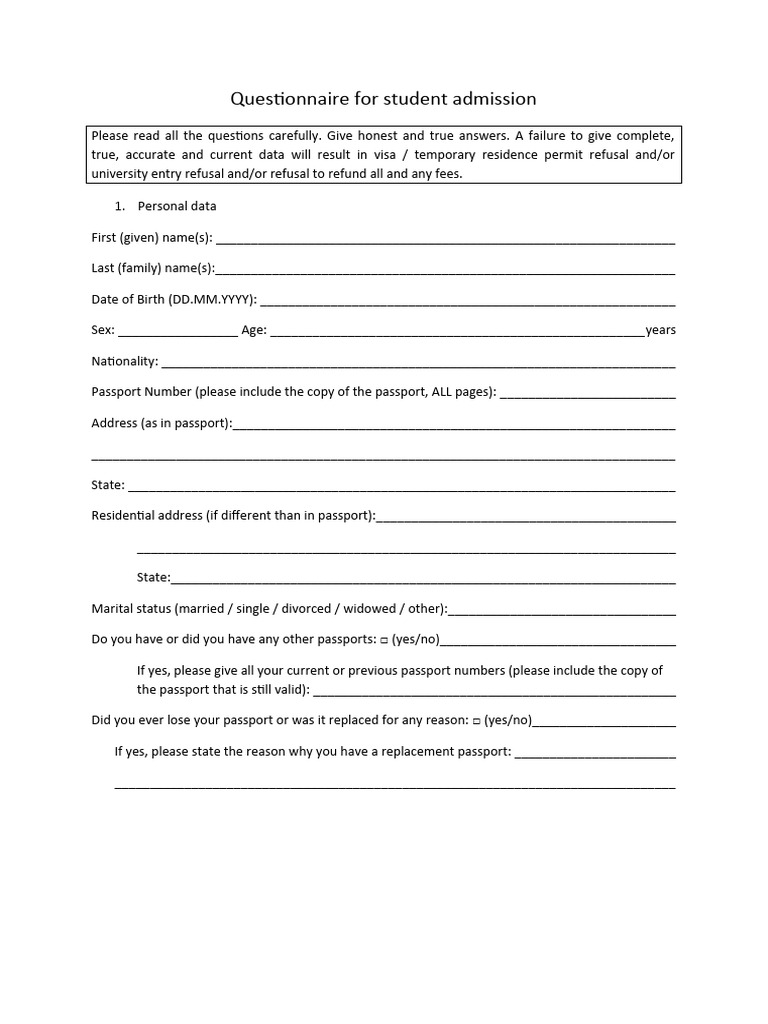 Student Admission Questionnaire Form | PDF | Travel Visa | Income