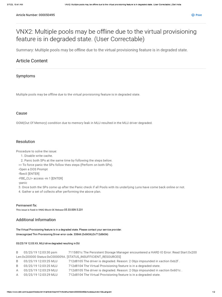 VNX2 - Multiple Pools May Be Offline Due To The Virtual Provisioning Feature Is in Degraded ...