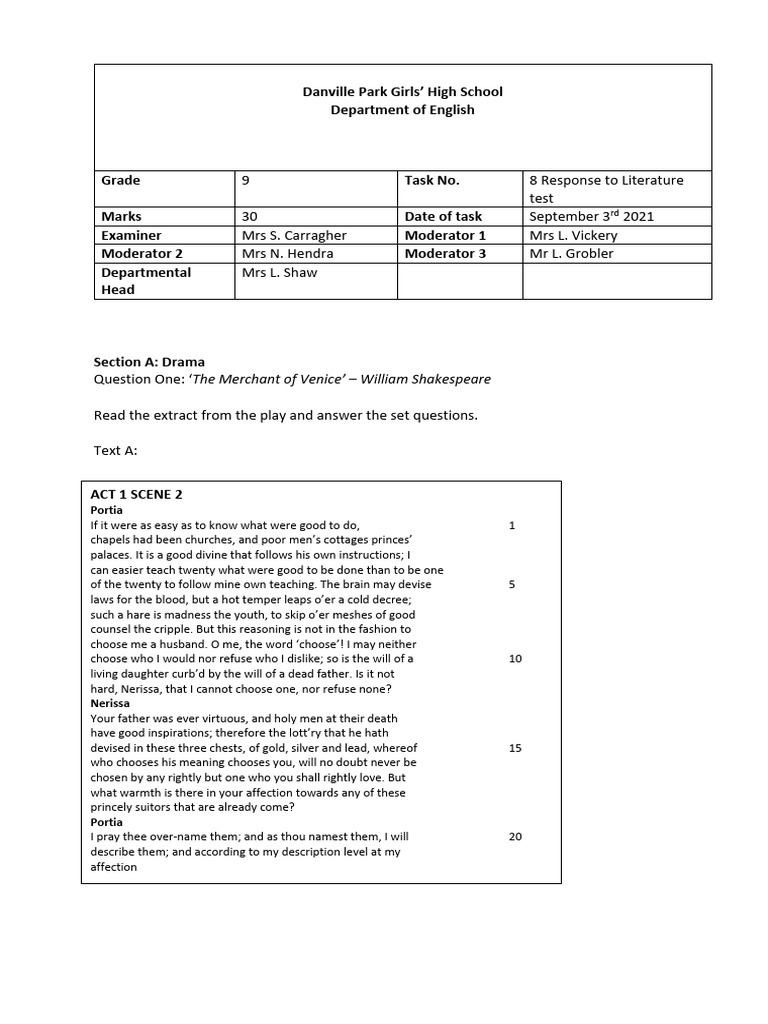 Grade 9 Response To Literature Test 3 September | PDF | The Merchant Of ...