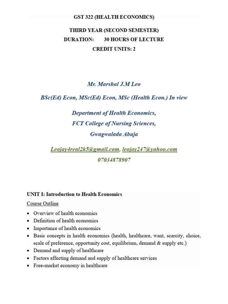 Health Economics (Handout) | PDF | Economics | Health Care