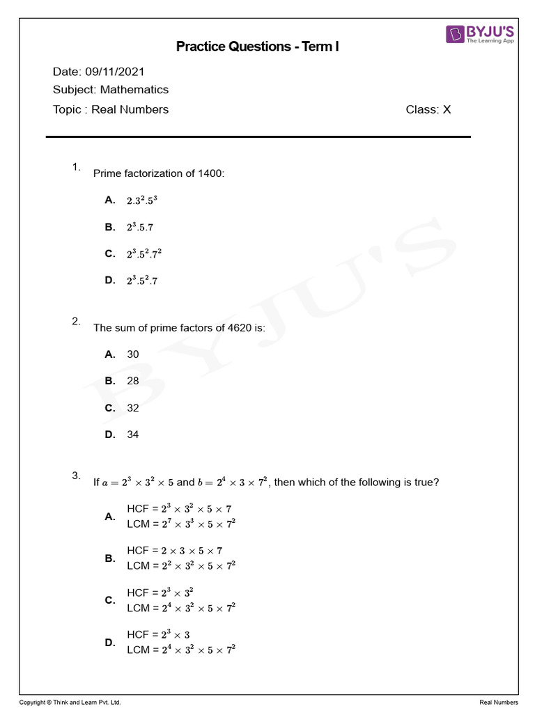 CBSE Class 10 Real Numbers MCQ Practice Questions | Download Free PDF | Real Number | Rational ...