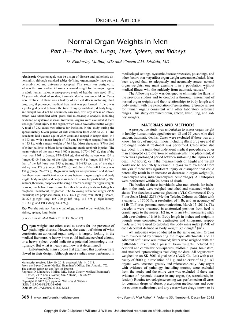 Normal Organ Weights in Men | PDF | Body Mass Index | Overweight