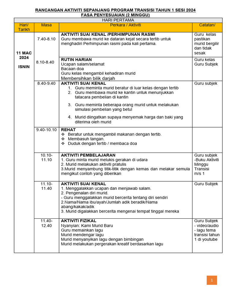 Jadual Penuh Orientasi Dan Transisi 2024 | PDF