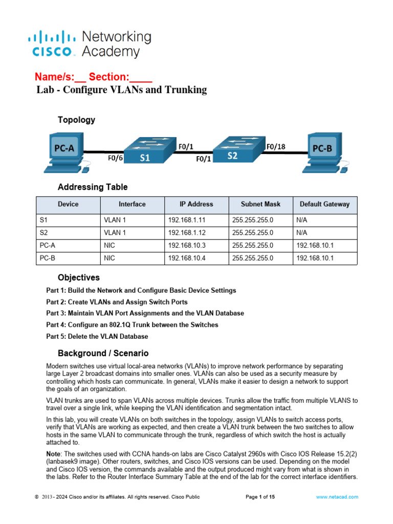 3.4.6 Lab - Configure VLANs and Trunking - ILM Tasks | PDF | Computer Network | Computer Networking