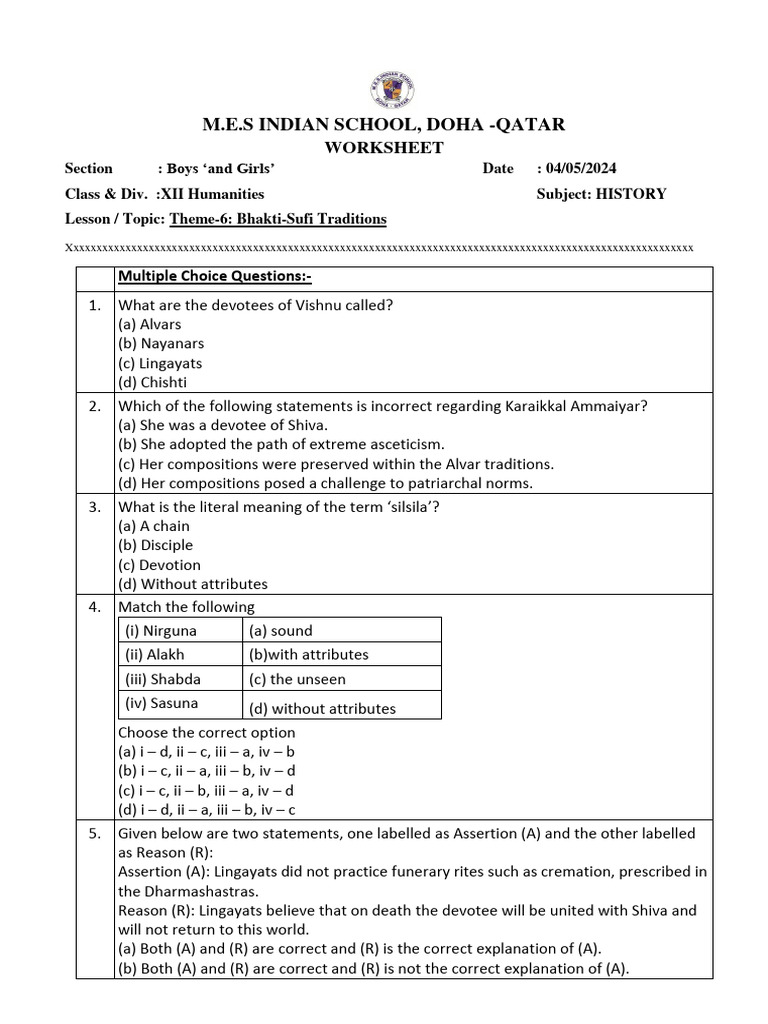 Class 12 Worksheet - Theme 6 | PDF | Guru Nanak | Bhakti