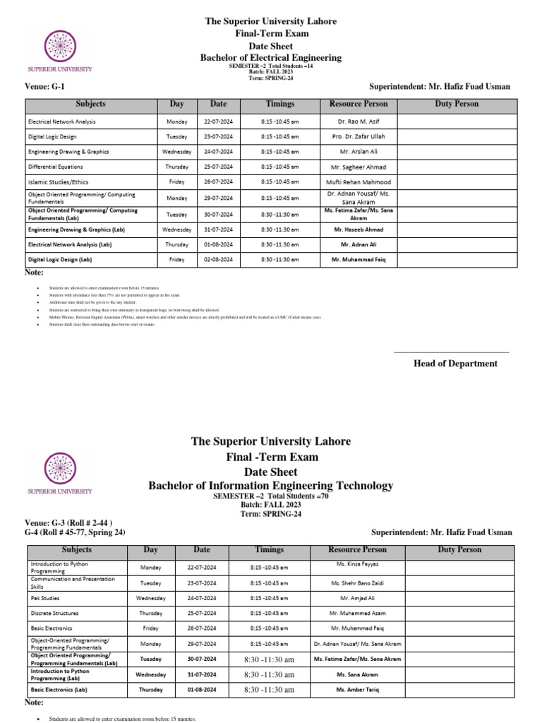 Final Term Date Sheet (EE, BBET, IET-2) Spring-24-1 | PDF | Engineering ...