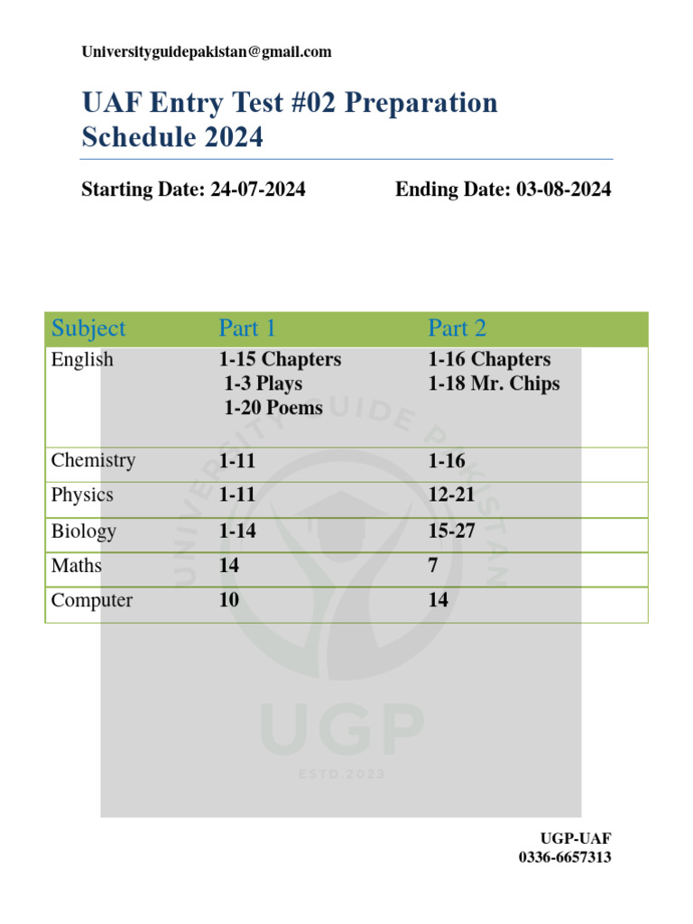 Entry Test 02 Preparation Schedule 2024 | PDF
