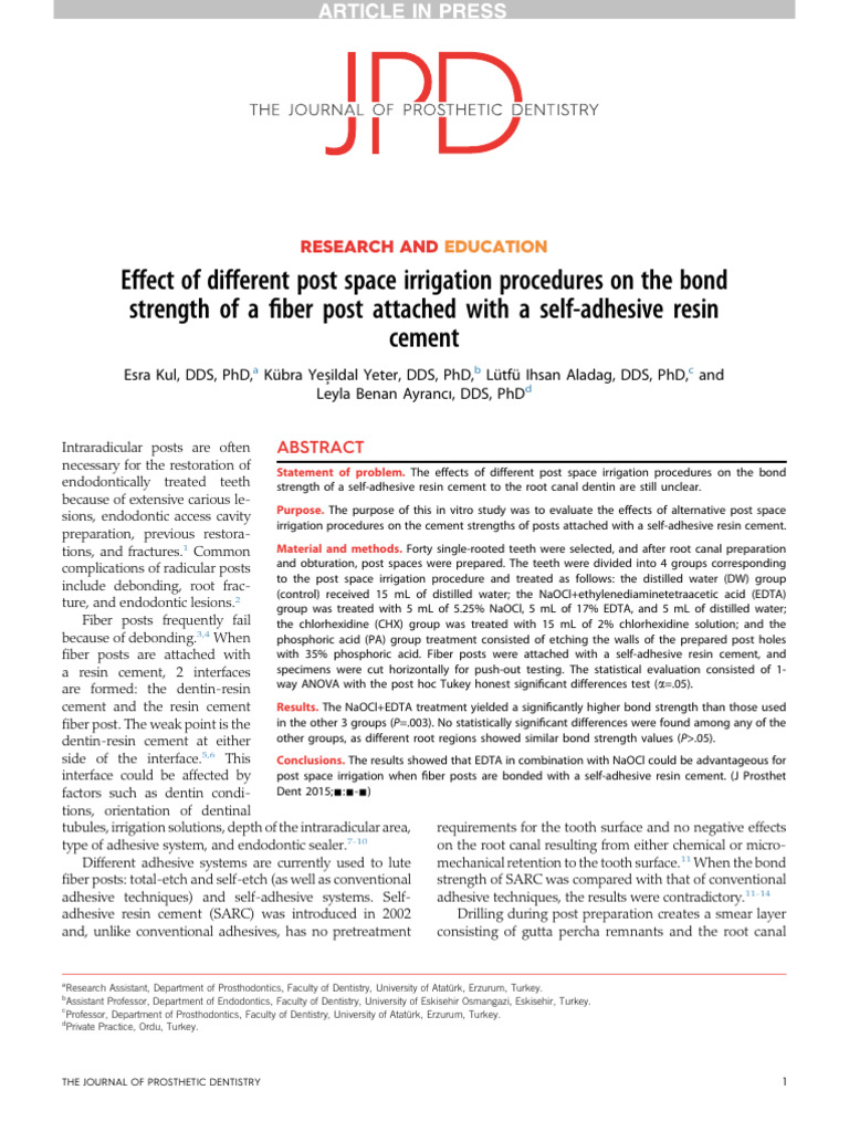 Post Space Irrigation Effects on Bond Strength | PDF | Dentistry ...