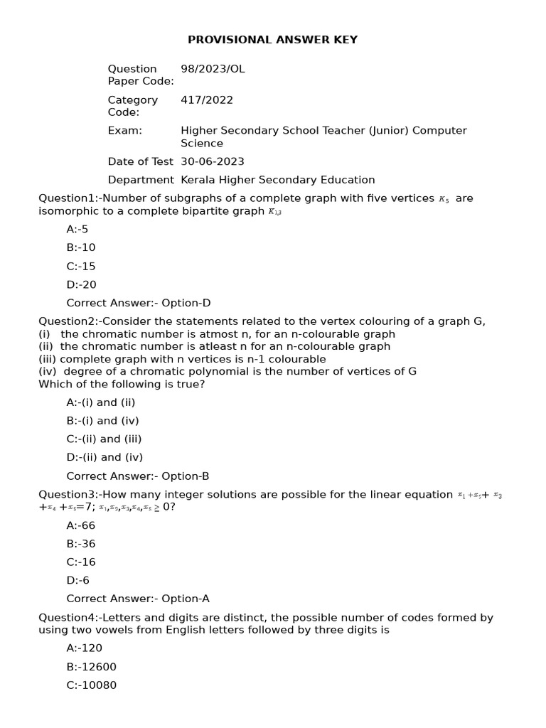 HSST Computer Science Answer Key | PDF | Class (Computer Programming ...