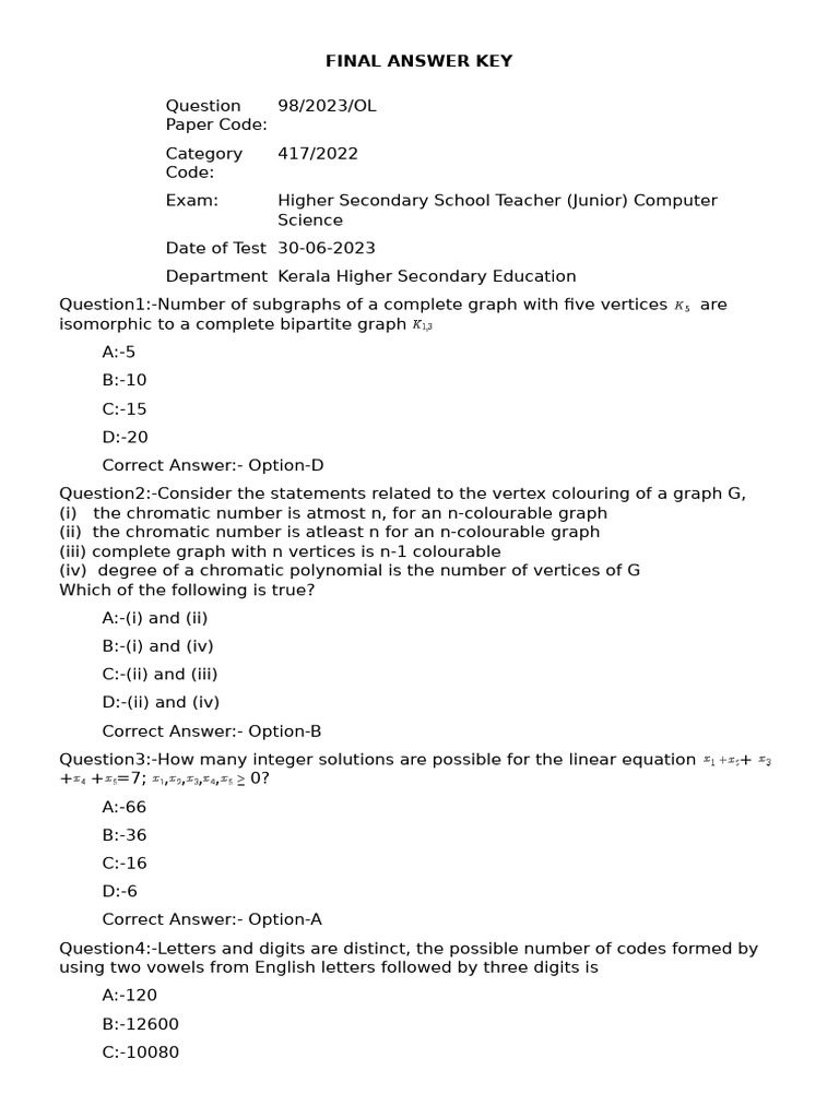 Final Answer Key Hsst Computer Science Pdf Class Computer Programming Object Oriented
