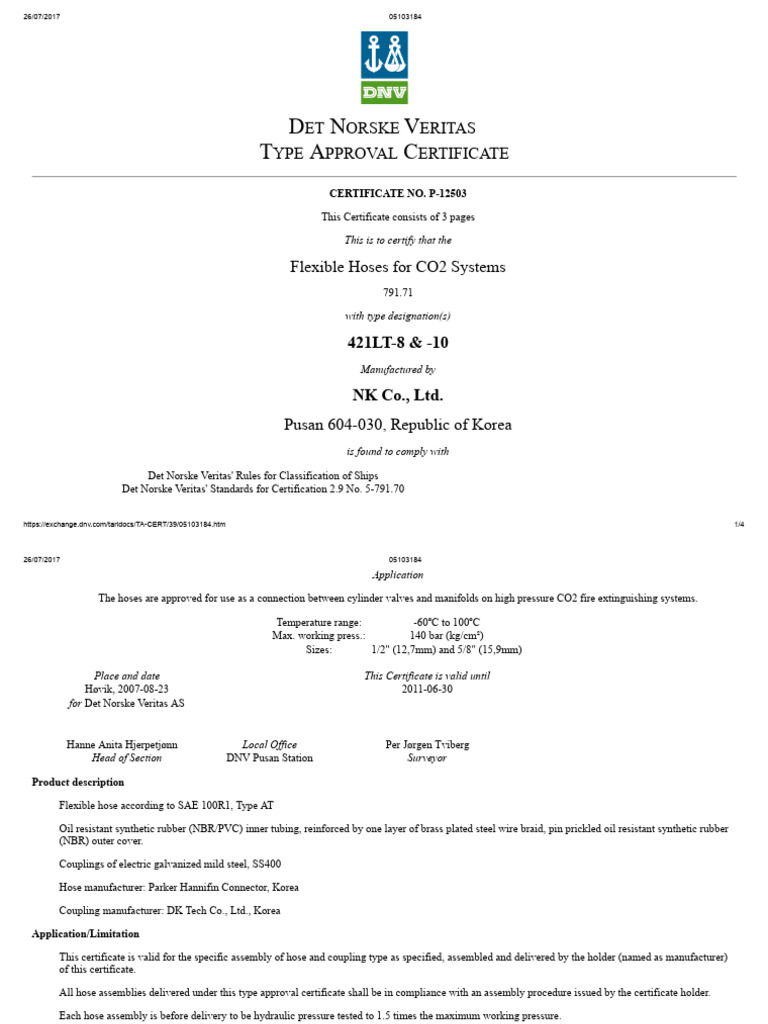 D N V T A C: ET Orske Eritas YPE Pproval Ertificate | PDF | Hose | Pipe (Fluid Conveyance)