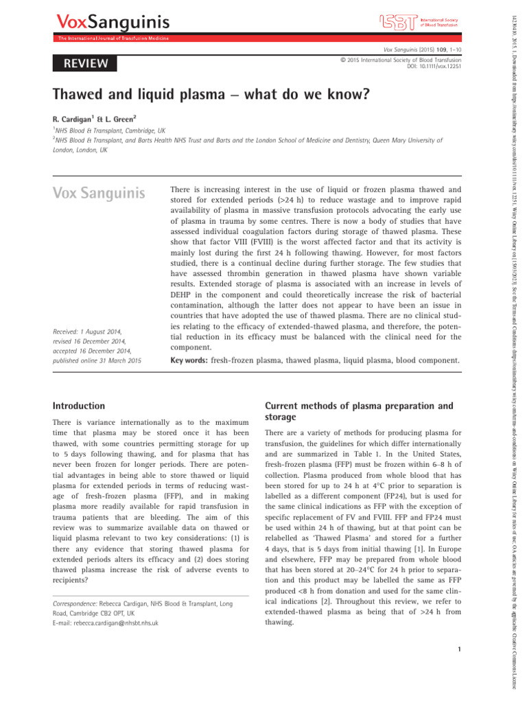 Vox Sanguinis - 2015 - Cardigan - Thawed and Liquid Plasma What Do We Know | PDF | Blood Plasma ...