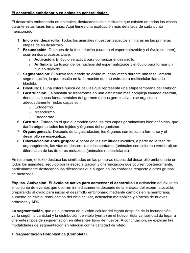 Desarrollo Embrionario Animal: Etapas y Segmentación | PDF | Embrión ...