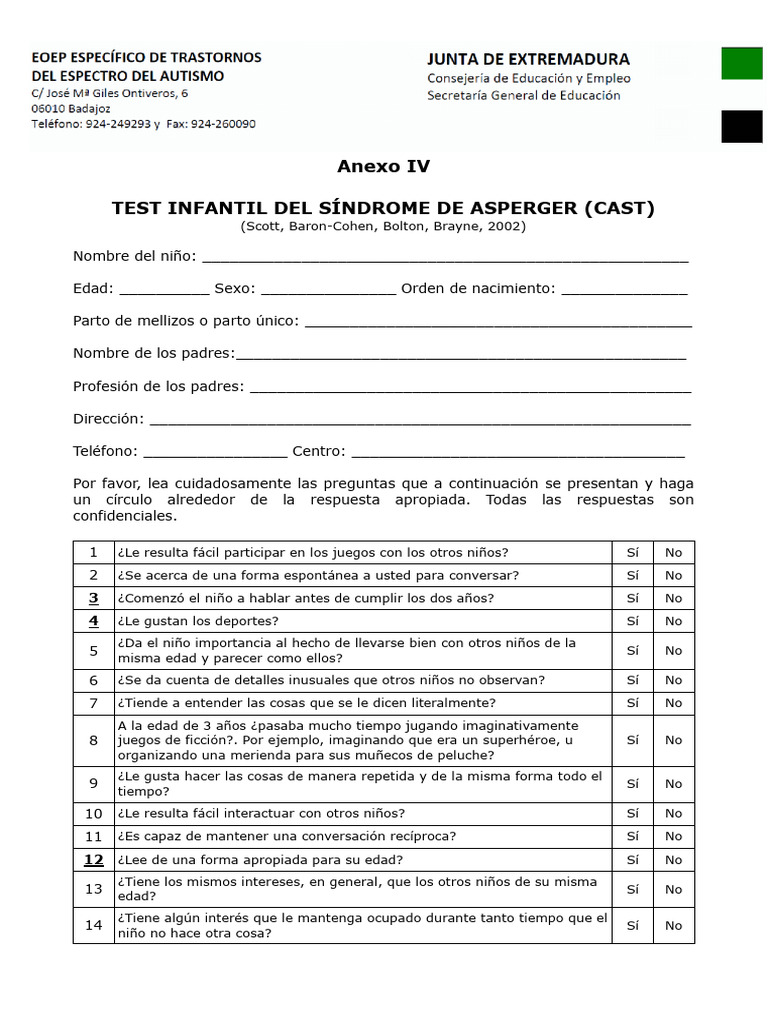CAST Test S. Asperger PW | PDF | Síndrome de Asperger | Enfermedades y ...