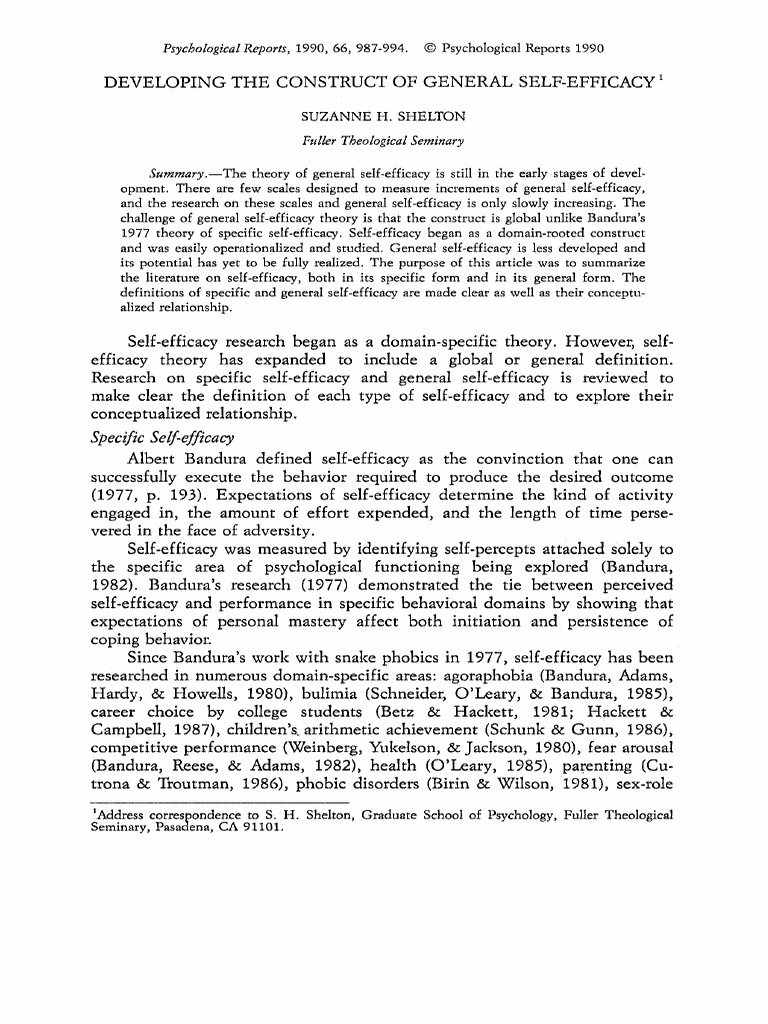 Shelton 1990 Developing The Construct of General Self Efficacy1 | PDF | Self Efficacy | Attitude ...