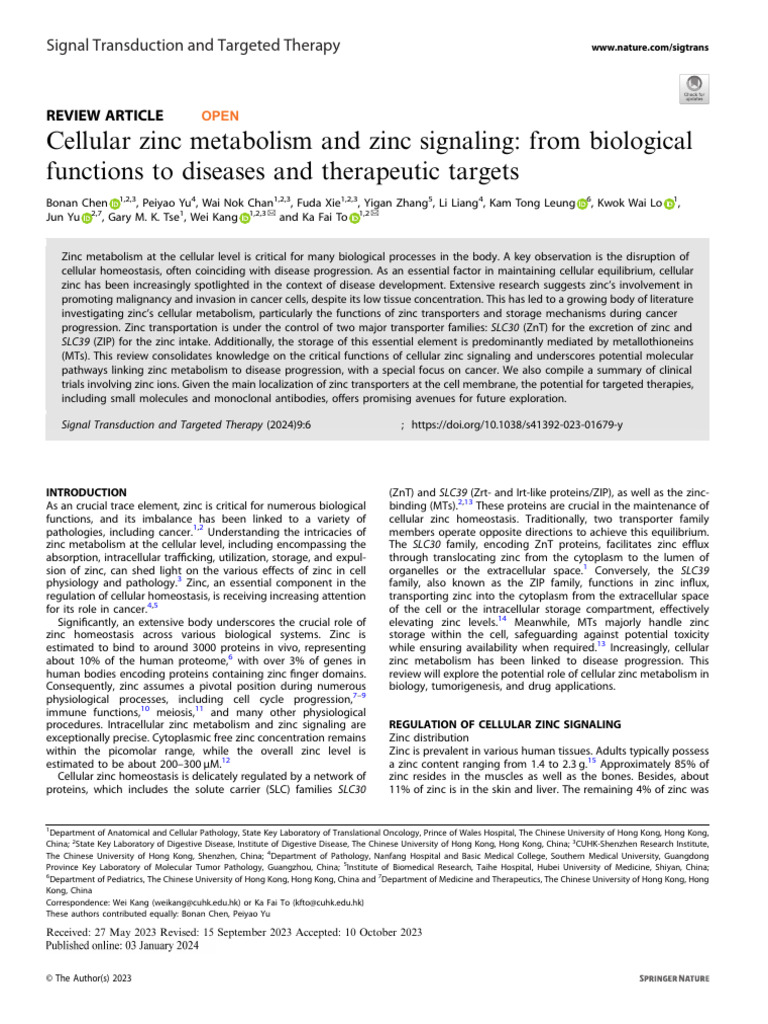 Zink Metabolism | PDF | Cell Signaling | Signal Transduction