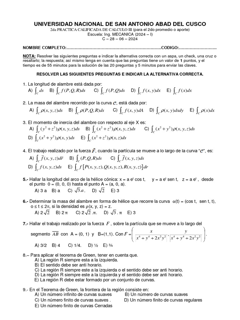 2da Practa Calificada A.m.iii | PDF | Integral | Curva