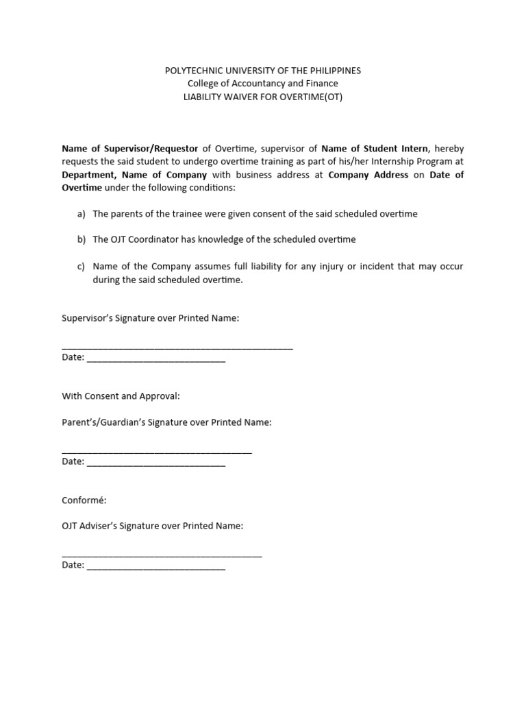 Liability Waiver For Overtime Ot | PDF