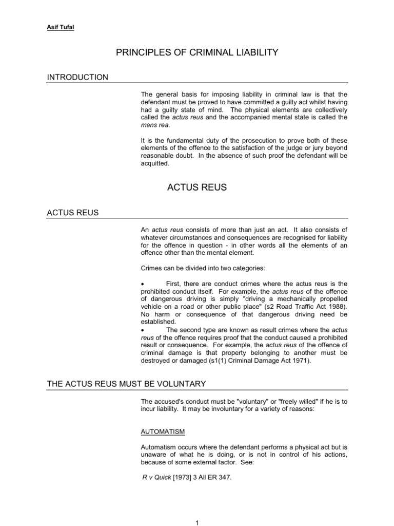 Actus Reus - Principles of Criminal Liability | PDF | Politics | Social ...