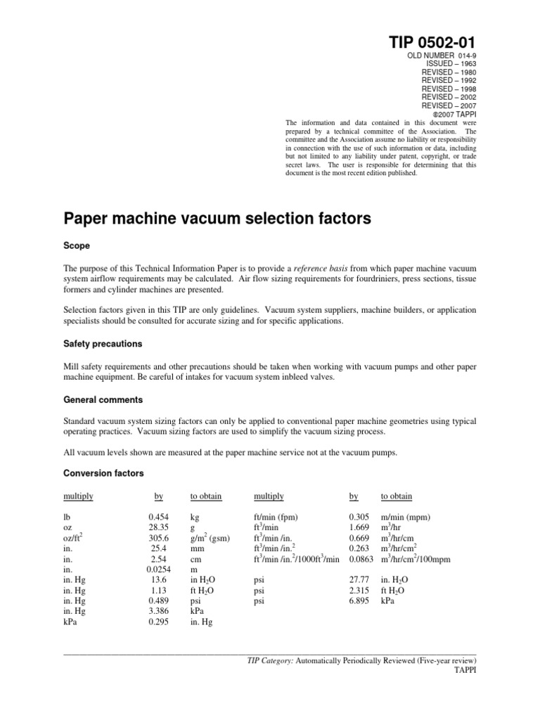 TAPPI TIP 0502-01 Paper Machines Vacuum Selector Factor | PDF | Vacuum ...