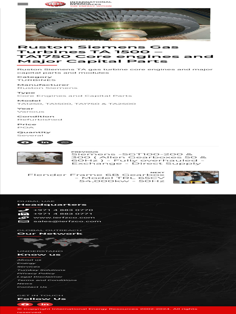 Ruston Siemens Gas Turbines TA 1500 – TA1750 Core Engines and Major ...