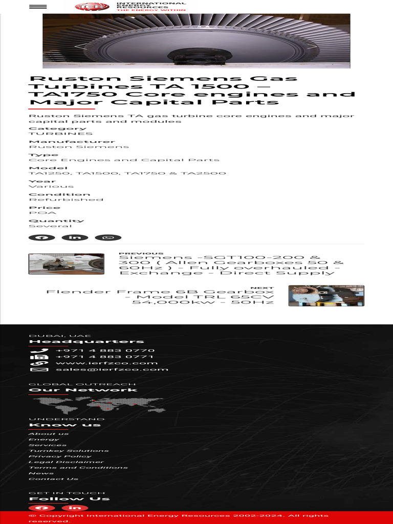 Ruston Siemens Gas Turbines TA 1500 - TA1750 Core Engines and Major Capital Parts ...