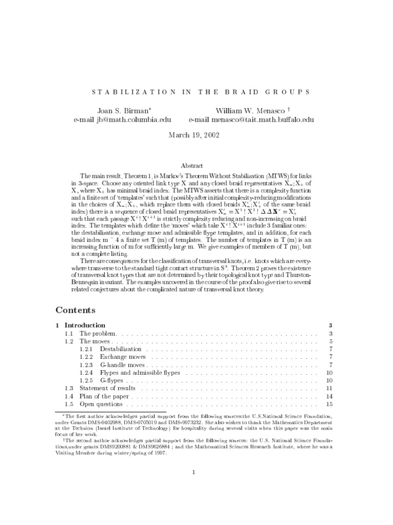 Joan S. Birman and William W. Menasco - Stabilization in The Braid Groups | PDF | Geometric ...