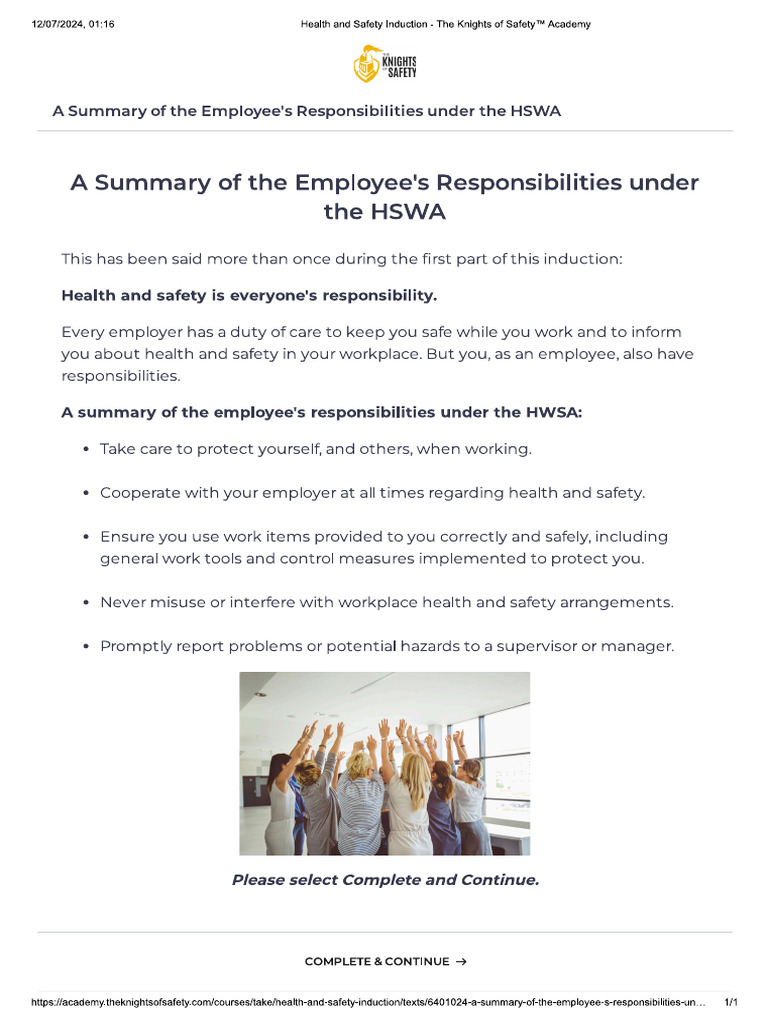 A Summary of The Employee's Responsibilities Under The HSWA | PDF