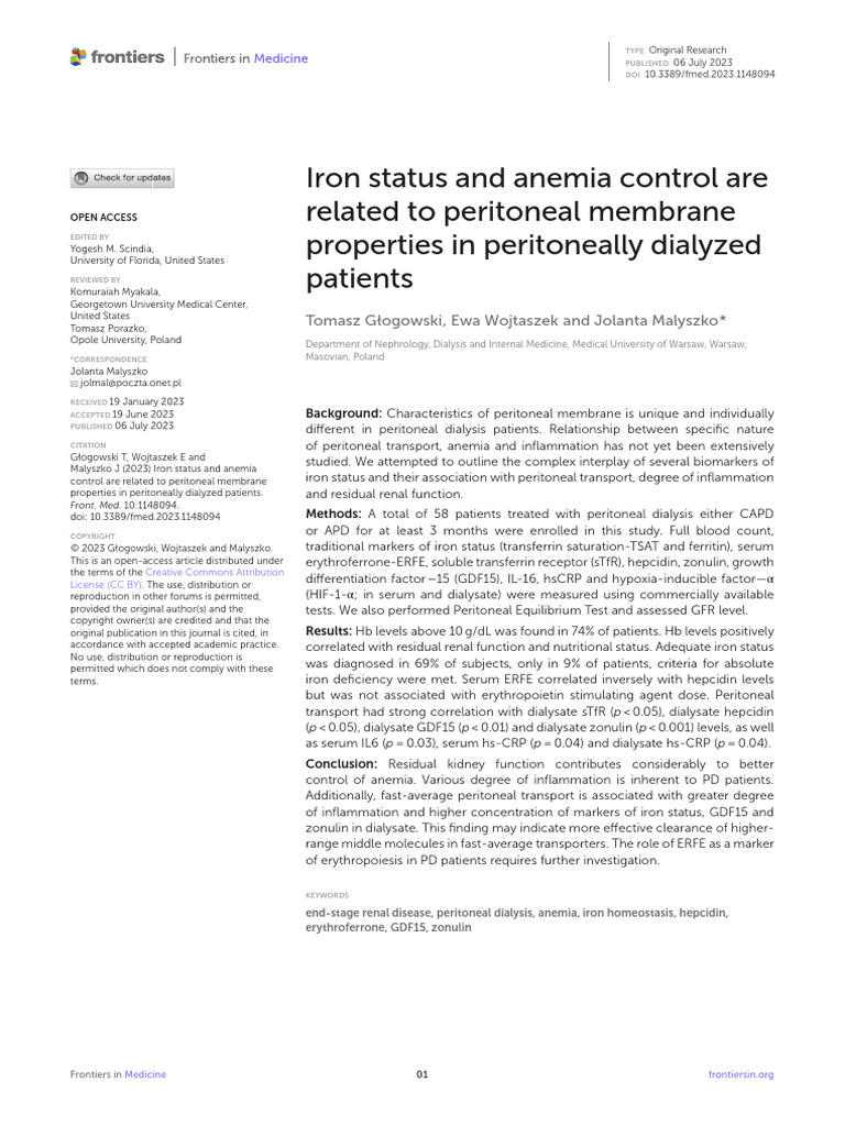 Iron Status and Anemia Control Are Related To Peri | PDF | Creatinine ...
