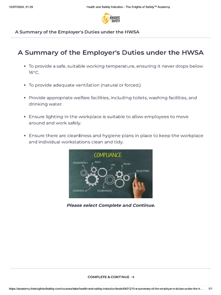 A Summary of The Employer's Duties Under The HWSA | PDF