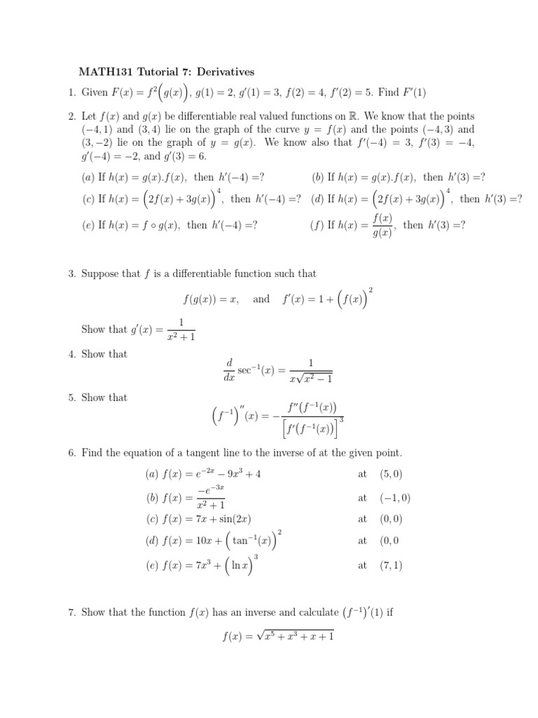 7) Tut 7 Questions | PDF | Derivative | Differential Calculus
