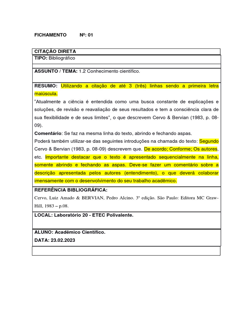 Documento 9 - Exemplos de Modelos de Fichamentos | PDF | Citação | Science