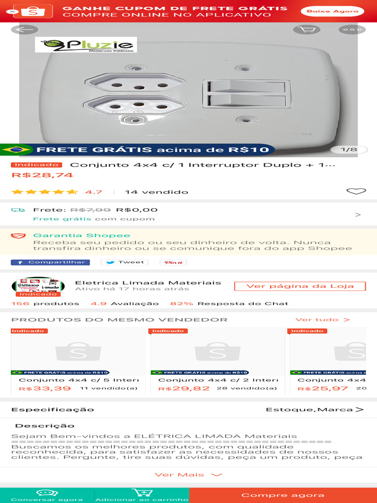 Conjunto 4x4 C 1 Interruptor Duplo + 1 Tomada Du | PDF