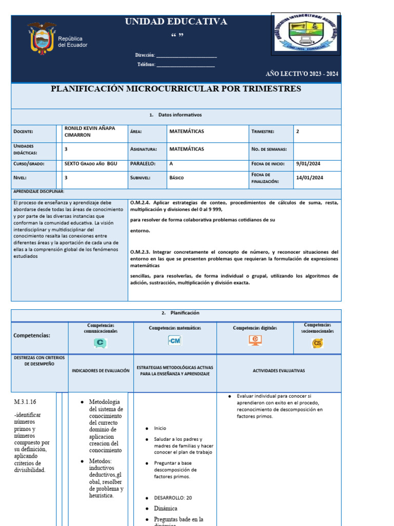 Plan Microcurricular Ronild 2023 - 2024 | PDF | Aprendizaje | Número natural