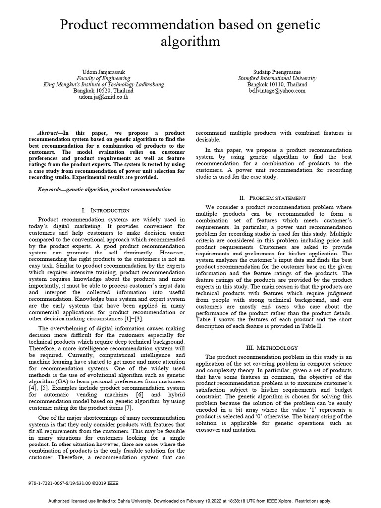 Product Recommendation Based On Genetic Algorithm Pdf Genetic Algorithm Computer Science